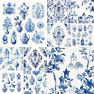 Watercolor Delft Blue Patterns Digital Download Printable Backgrounds ...