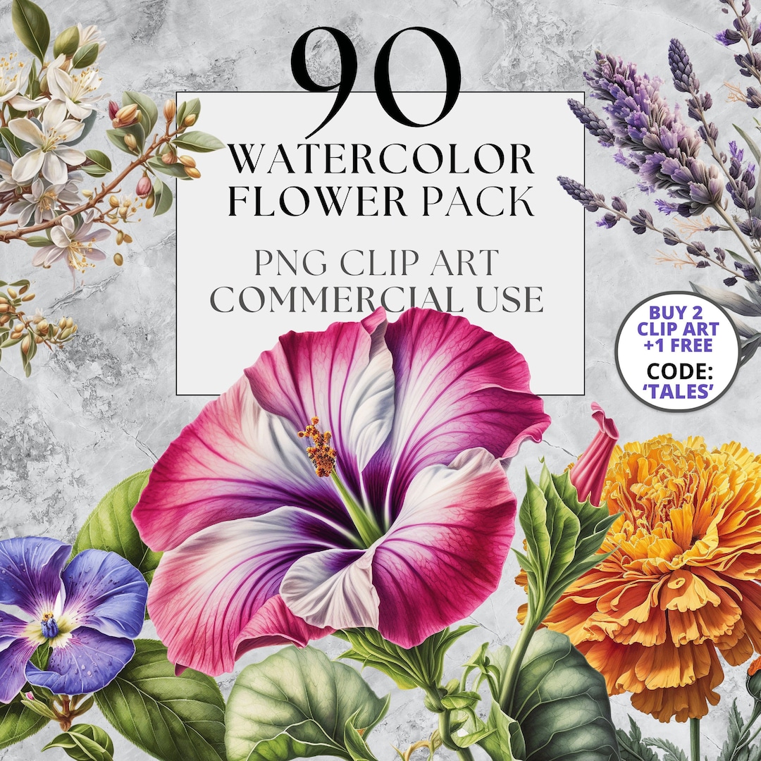 90 Watercolor Flower Clipart Pack, PNG, Full Commercial Use, Floral ...