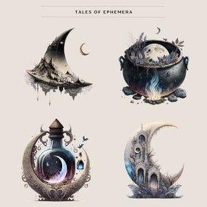 10 Crescent Moon Witch Clipart Pack | PNG | Gothic Fantasy Clip Art ...