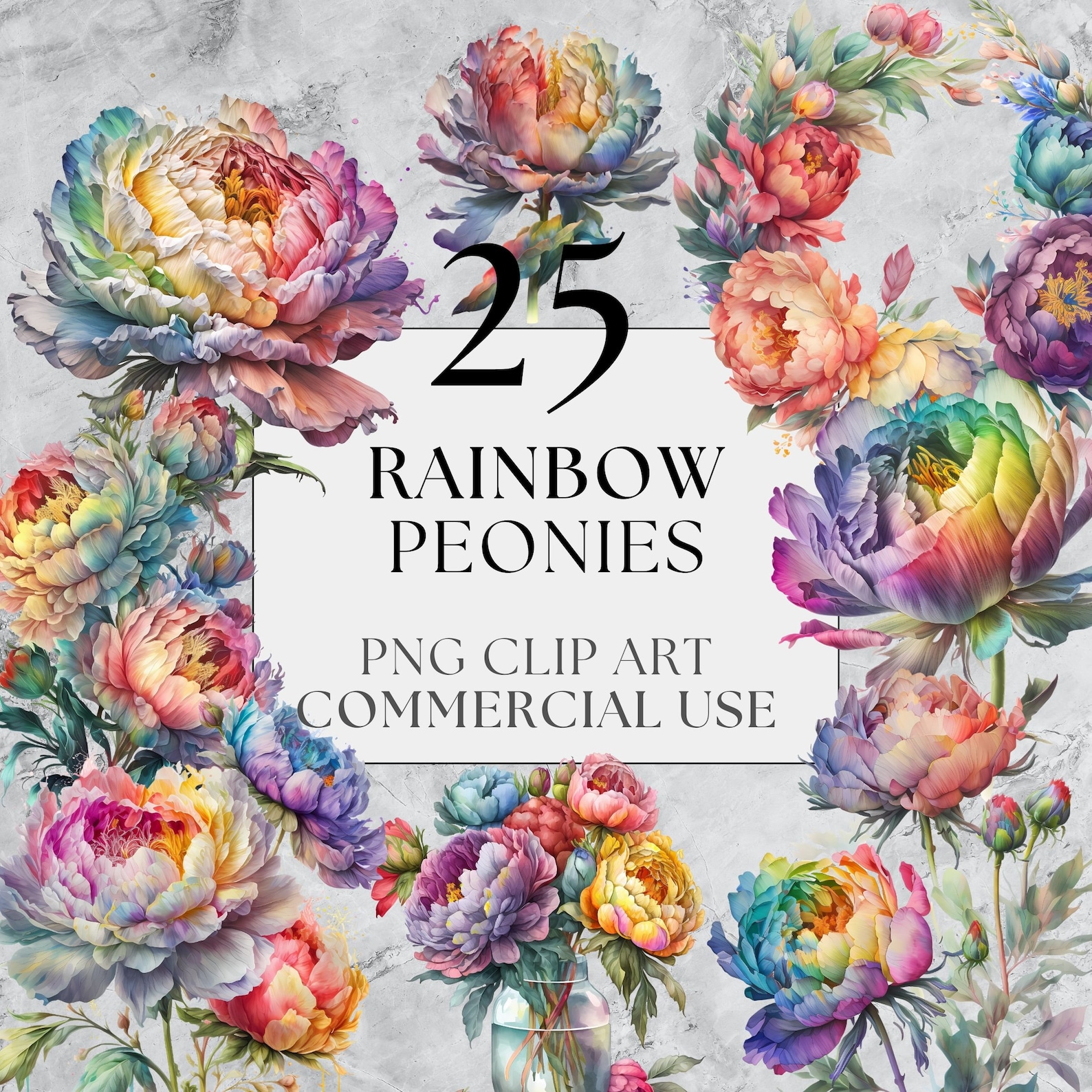 25 Rainbow Peonies Clipart, PNG, Full Commercial Use, Watercolor Floral ...