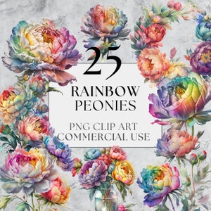 25 Rainbow Peonies Clipart, PNG, Full Commercial Use, Watercolor Floral ...