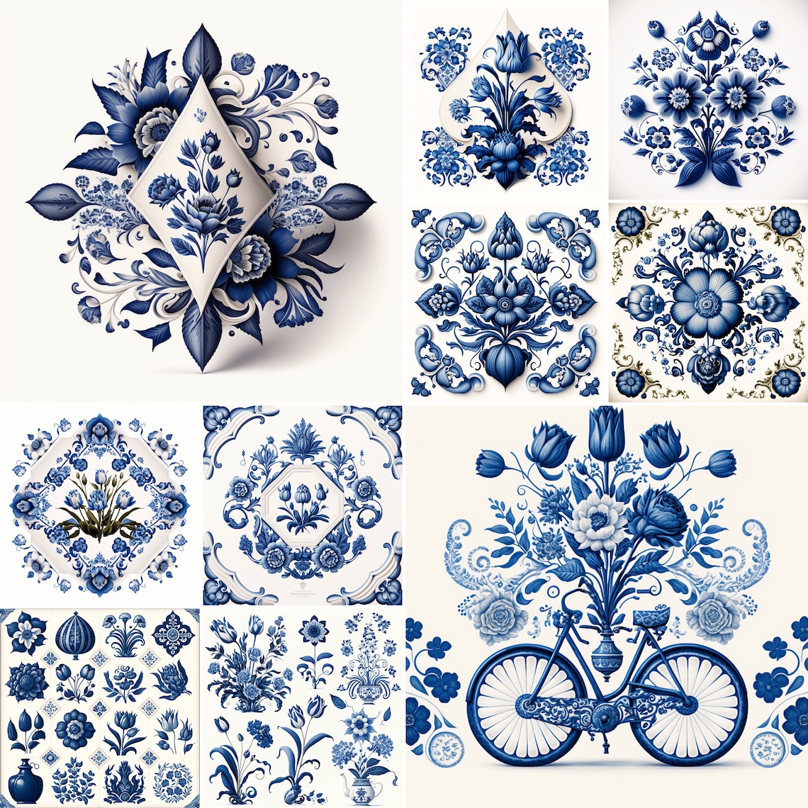 Delft Blue Flower Patterns & Cutouts | Digital Paper | Printable ...