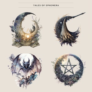 10 Crescent Moon Witch Clipart Pack | PNG | Gothic Fantasy Clip Art ...
