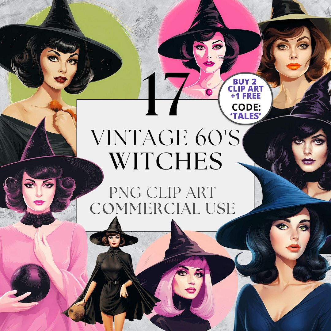 17 Vintage 60's Halloween Witches Clipart, PNG Clipart, 1960's Retro ...