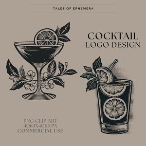 10 Cocktail Logo Design Clipart Vintage Classic Linocut Food - Etsy