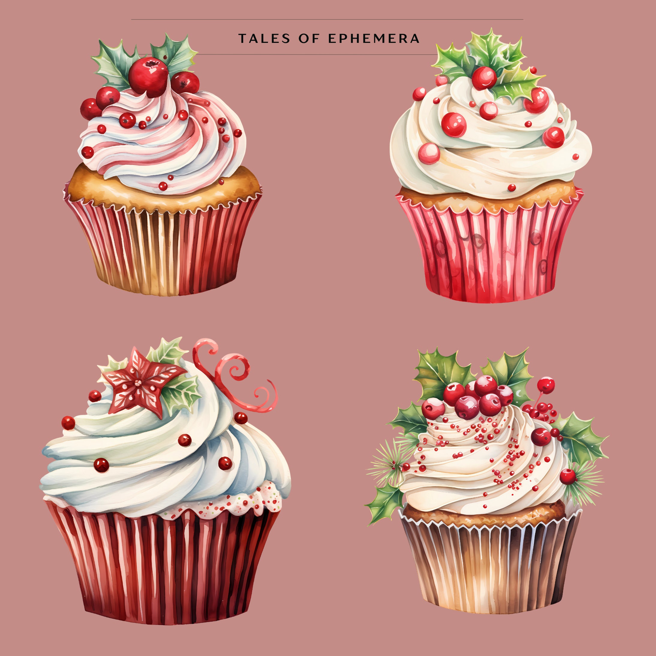 Christmas Cupcakes Clipart Pack, Festive Christmas Food Cupcake Clipart ...