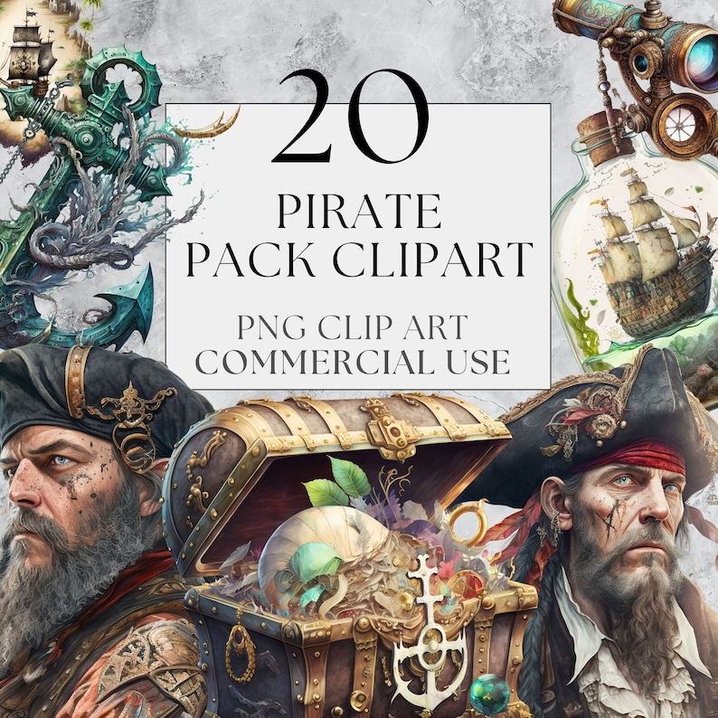 20 Pirate Clipart Pack, PNG Watercolor Clipart With Full Commercial Use ...