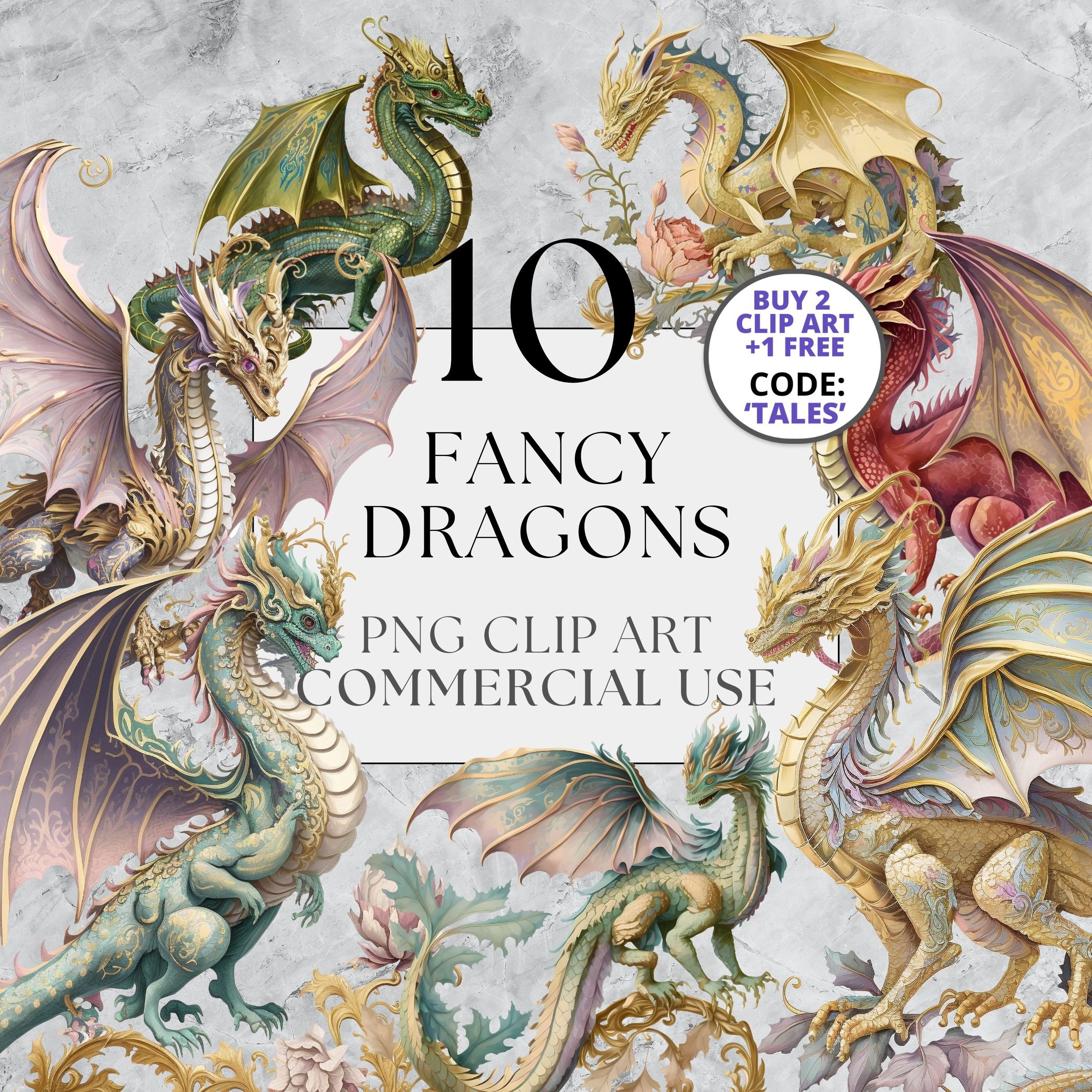 10 Fancy Dragons Clipart PNG Full Commercial Use Fantasy - Etsy