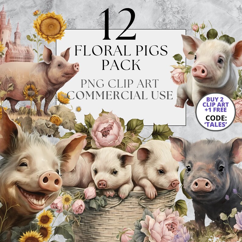 12 Floral Pig Clipart Pack, Piglets, Pigs, Flowers in Transparent PNG ...