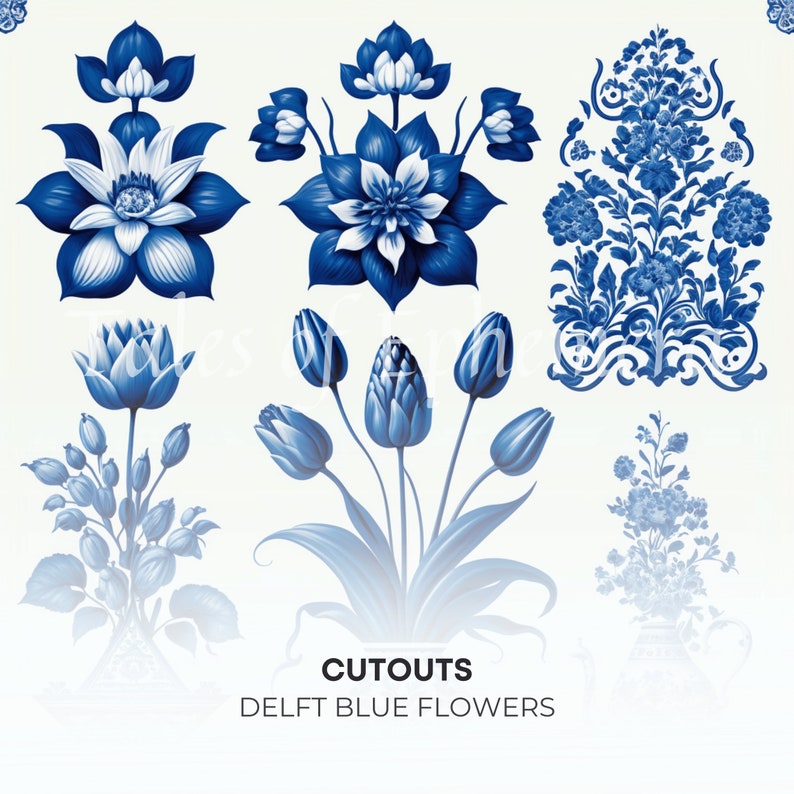 Delft Blue Flower Patterns & Cutouts | Digital Paper | Printable ...