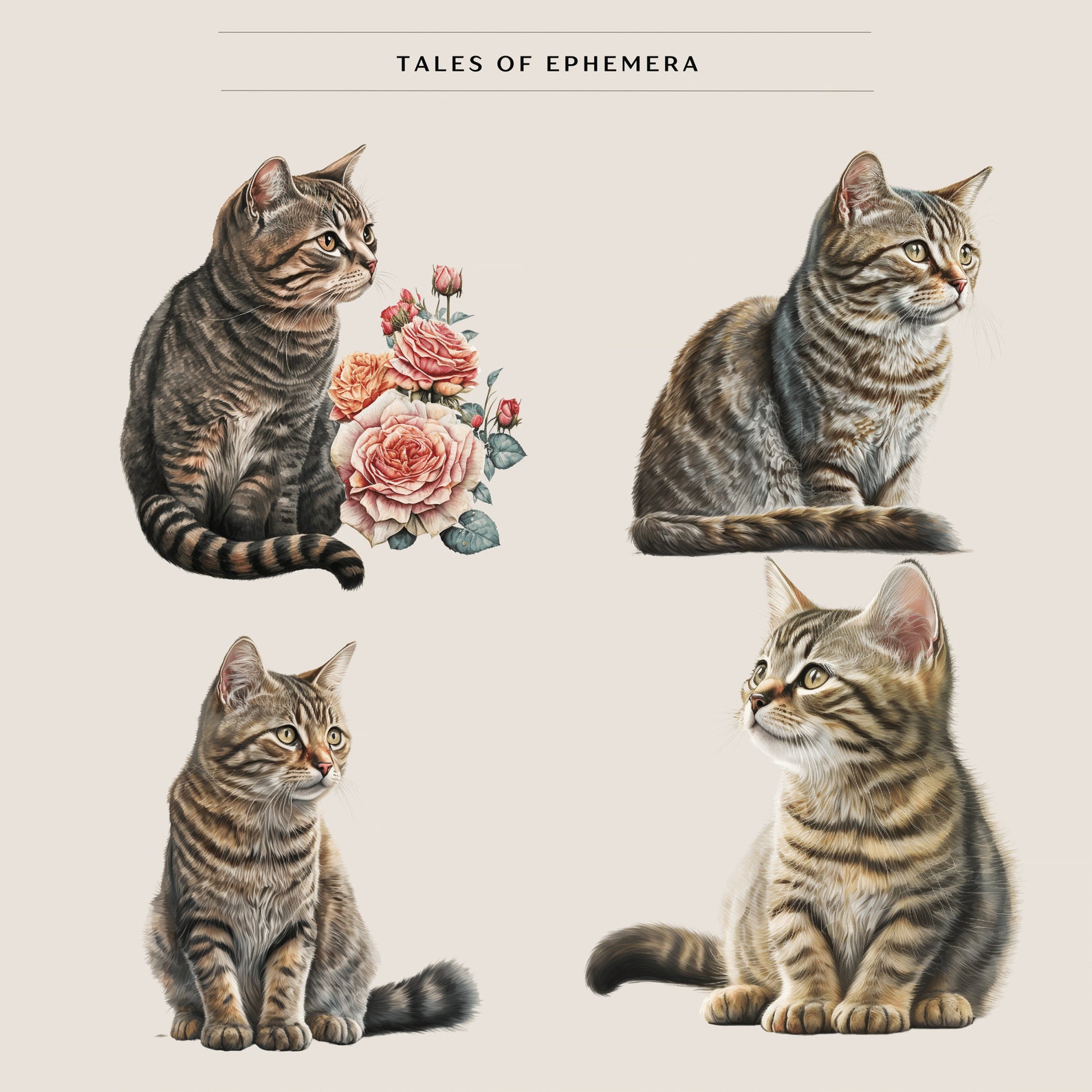 Tabby Cat Clipart Pack Tabby Cat PNG Floral Cat Clipart Full Commercial ...