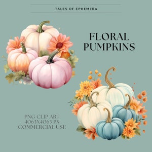 Floral Pumpkin Clipart, Fall Autumn Pumpkins Pastel Multicolor PNG ...
