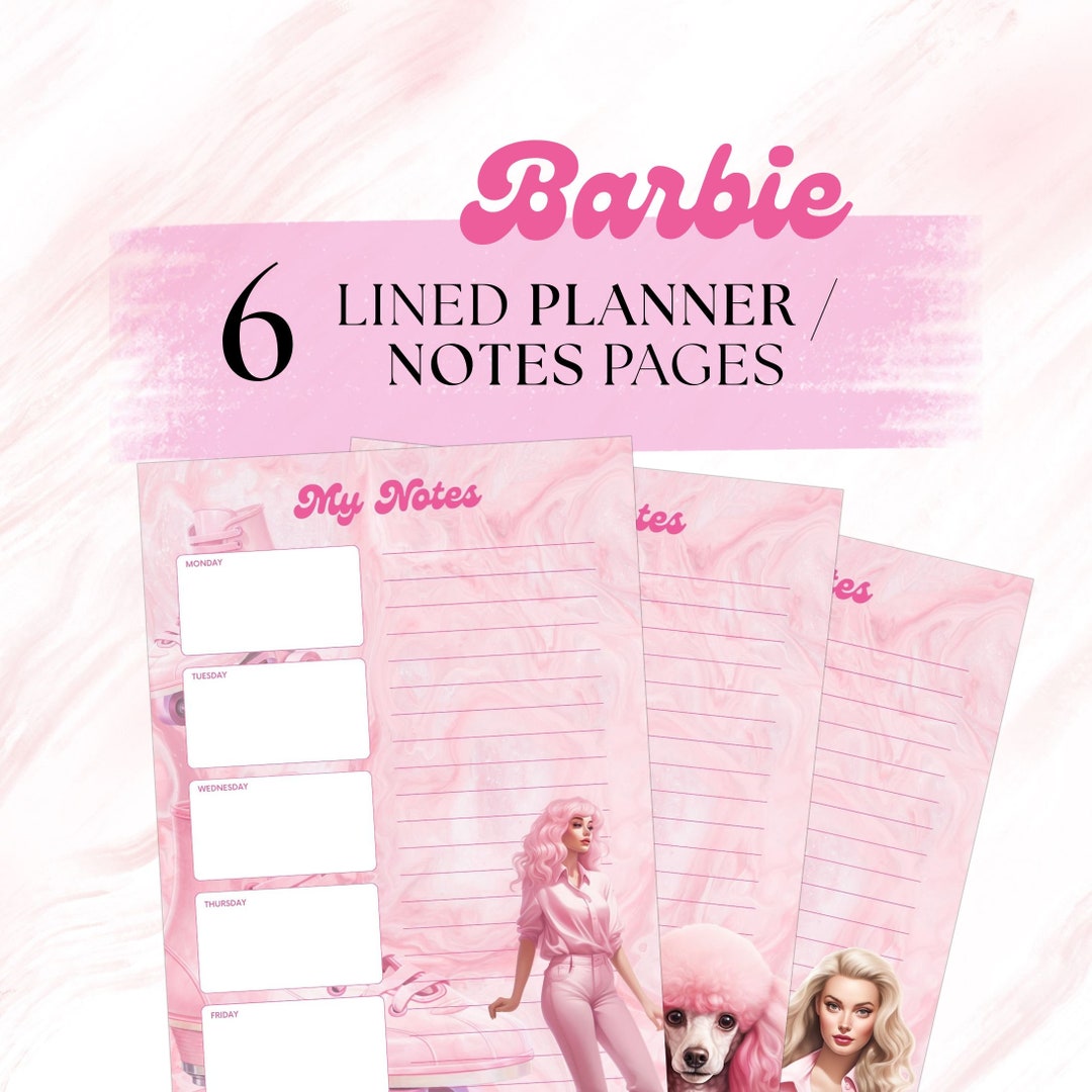 6 Pink Doll Lined Notes Planner Pages - A4 Writing Paper Pink Barbie ...