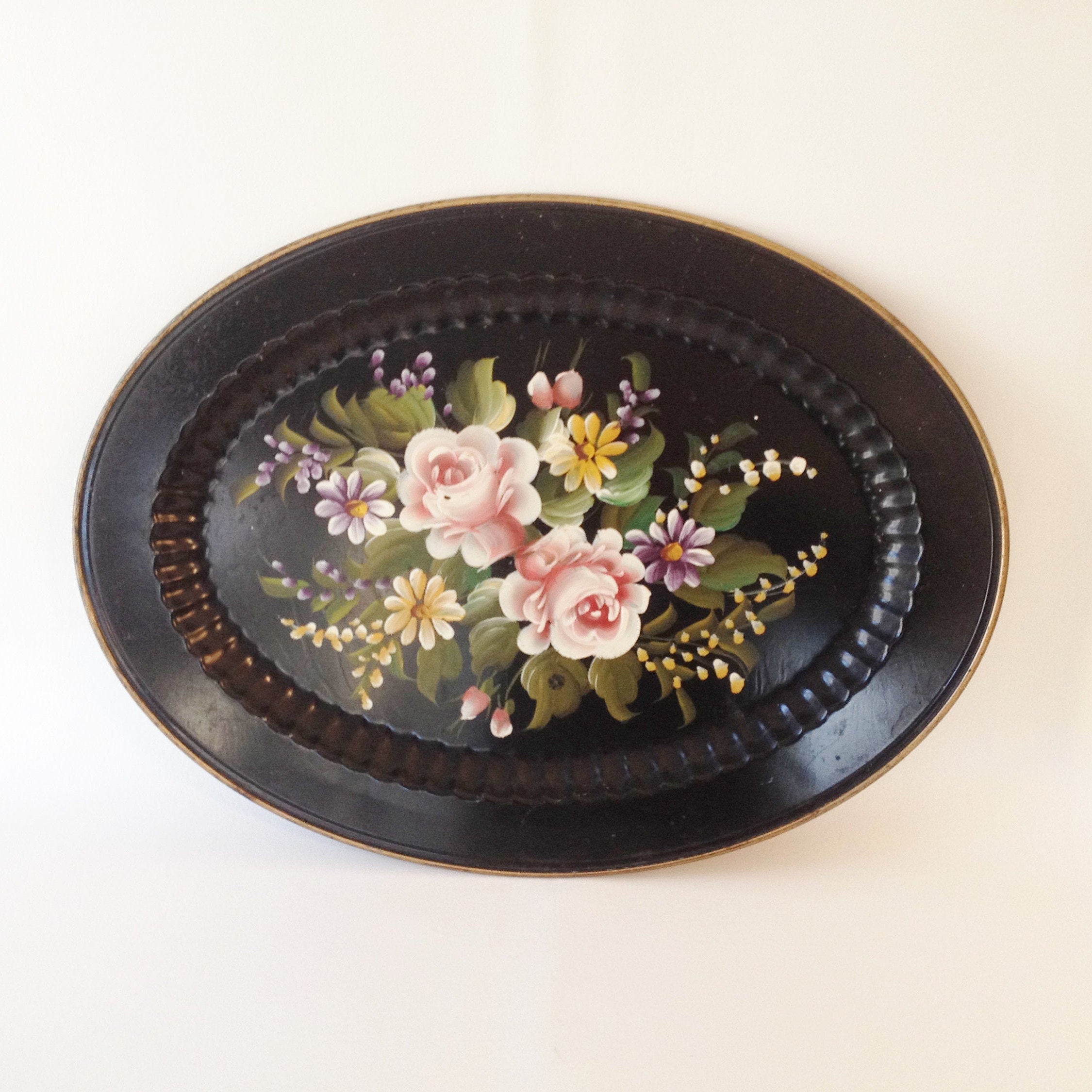 PAINTED PLATTER Vintage Large Black Oval Tin Platter With - Etsy