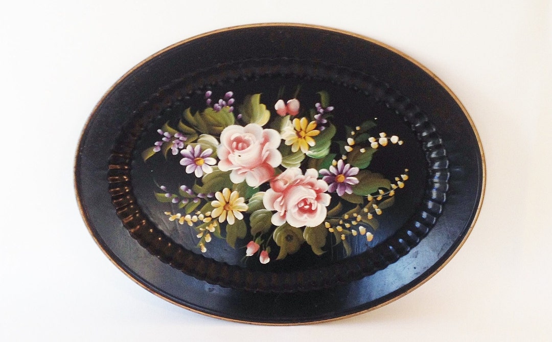 PAINTED PLATTER Vintage Large Black Oval Tin Platter With - Etsy