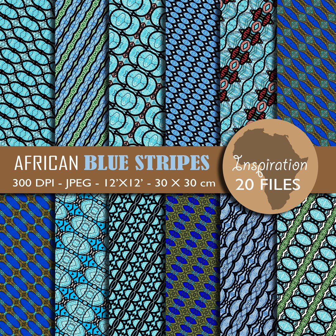 20 AFRICAN Blue Stripes Patterns _ Pack of 20 - Africa - Digital Paper ...