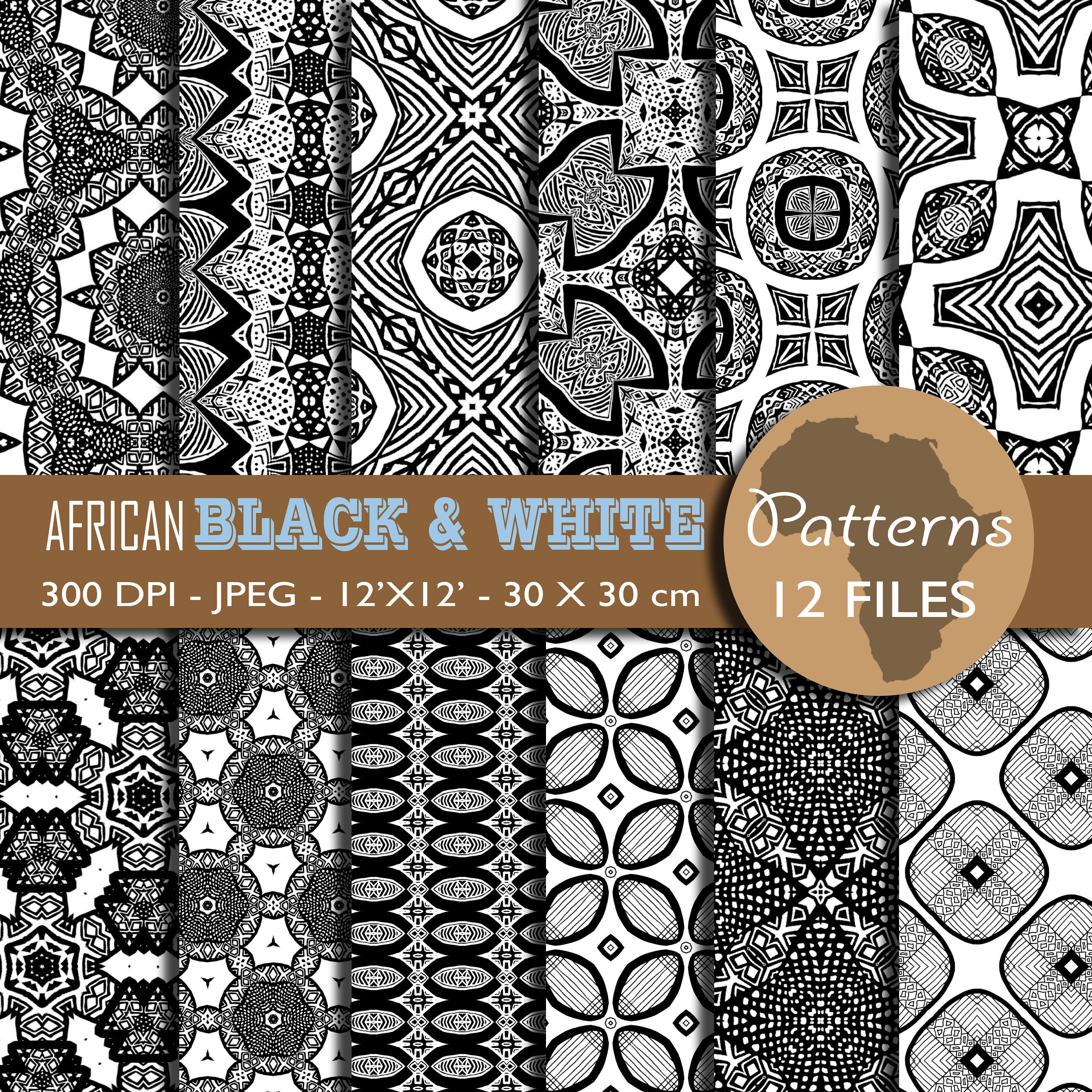 AFRICAN Black & White Patterns Pack of 12 - Africa - Digital Paper ...