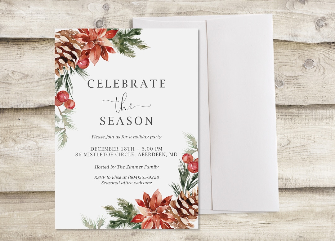 Celebrate the Season Holiday Party Invitation, Christmas Poinsettia ...