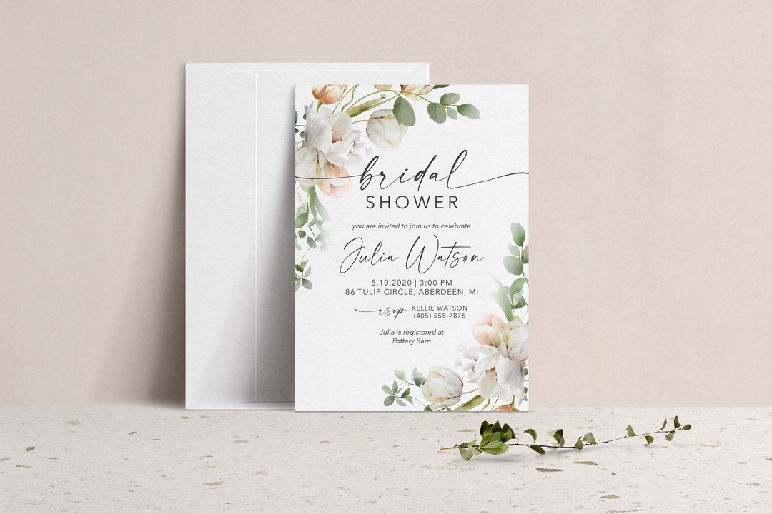 Blush and White Tulip Floral Bridal Shower Invitation, Eucalyptus ...
