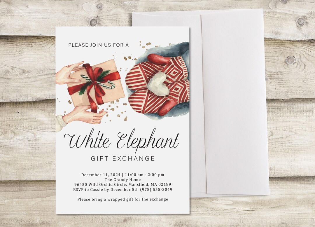 White Elephant Gift Exchange Party Invitation, Christmas Secret Santa ...