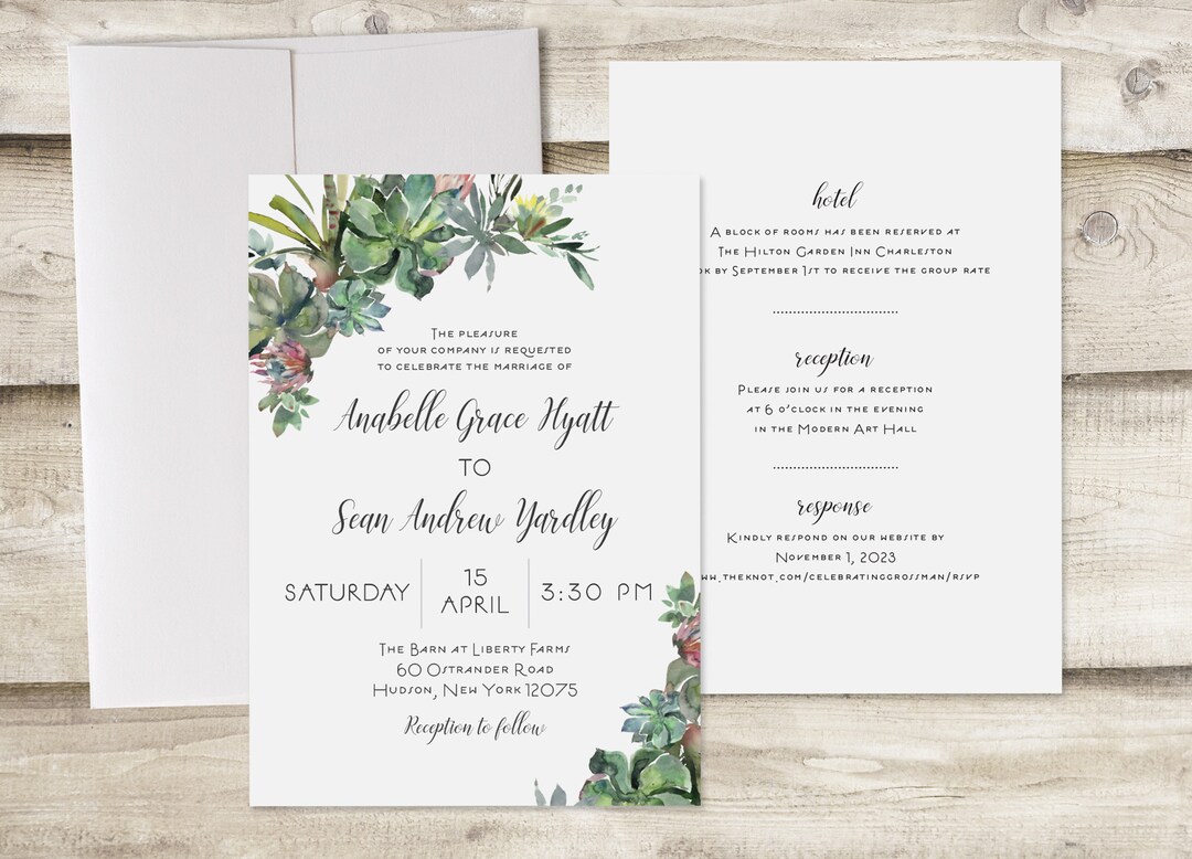 Succulent Wedding Invitation Without RSVP Card, Floral Greenery Desert ...