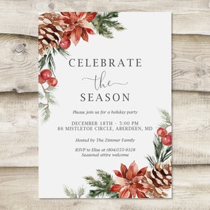 Celebrate the Season Holiday Party Invitation, Christmas Poinsettia ...