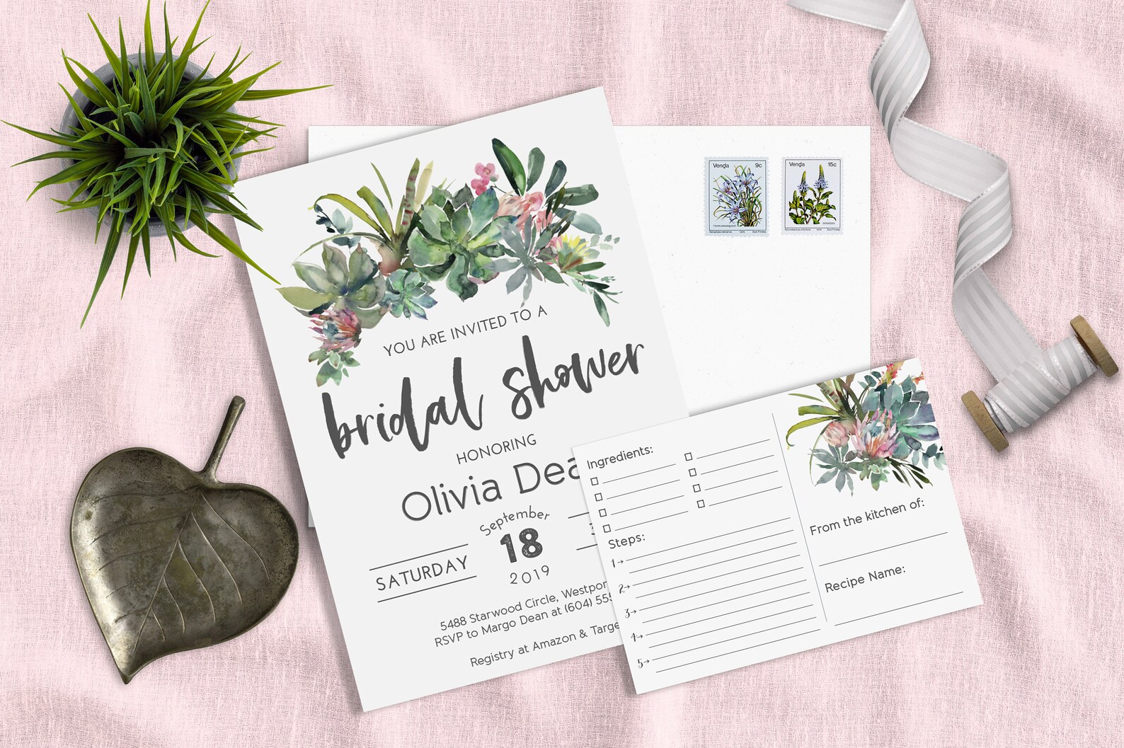 Bridal Shower Invitation With Recipe Cards Succulent Bridal - Etsy