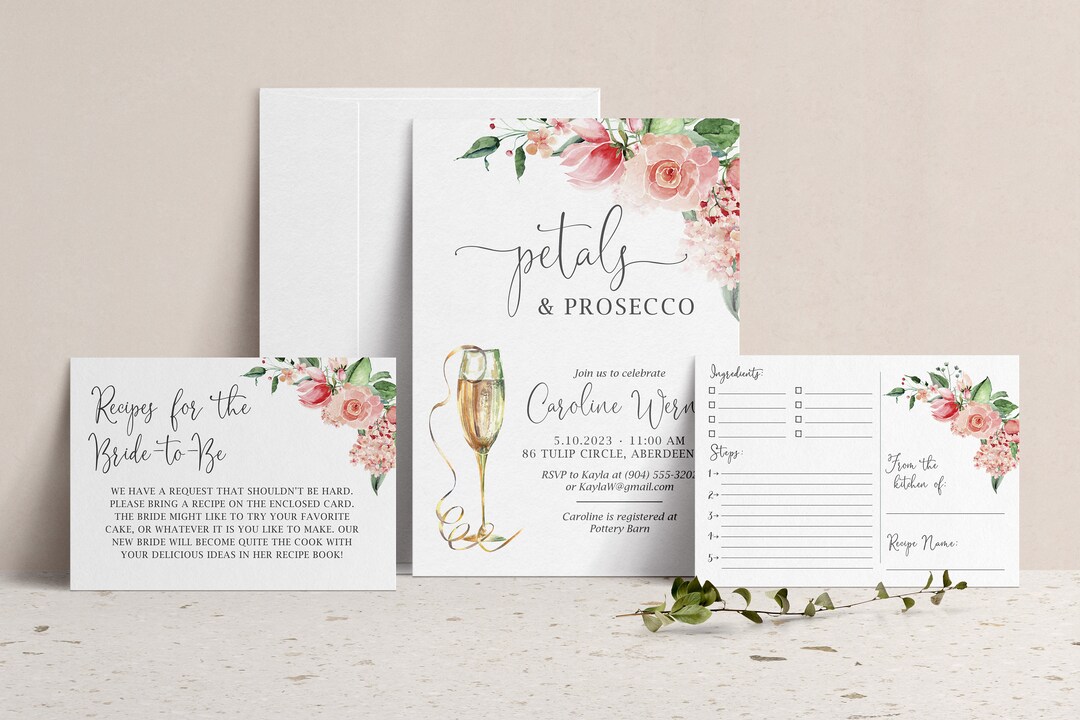 Petals & Prosecco Bridal Shower Invitation With Insert Card and Recipe ...