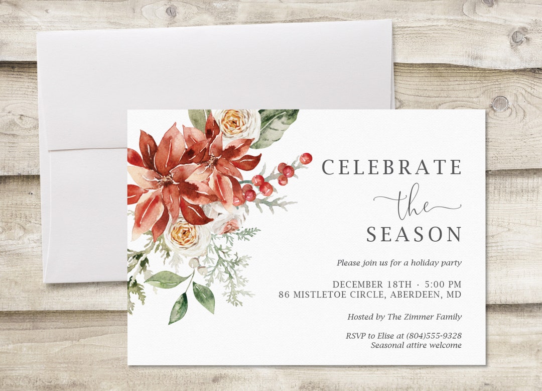 Celebrate the Season Holiday Party Invitation, Christmas Poinsettia ...