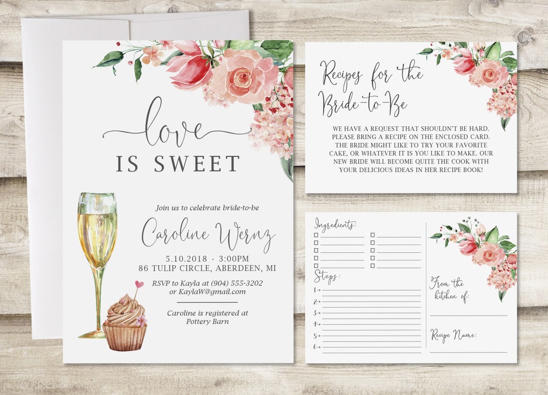 Love is Sweet Bridal Shower Invitation With Insert Card and Recipe Card ...