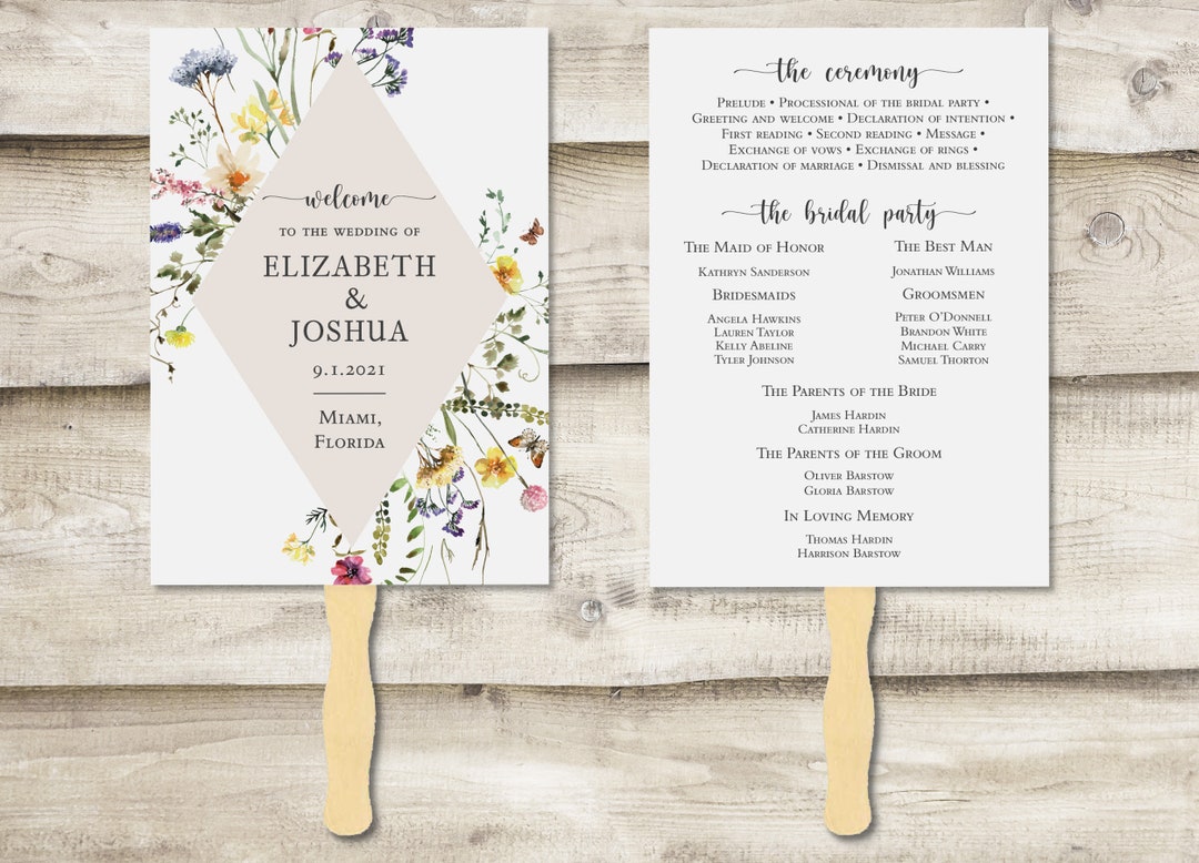 Wildflower Wedding Hand Fan With Ceremony and Bridal Party on Back ...