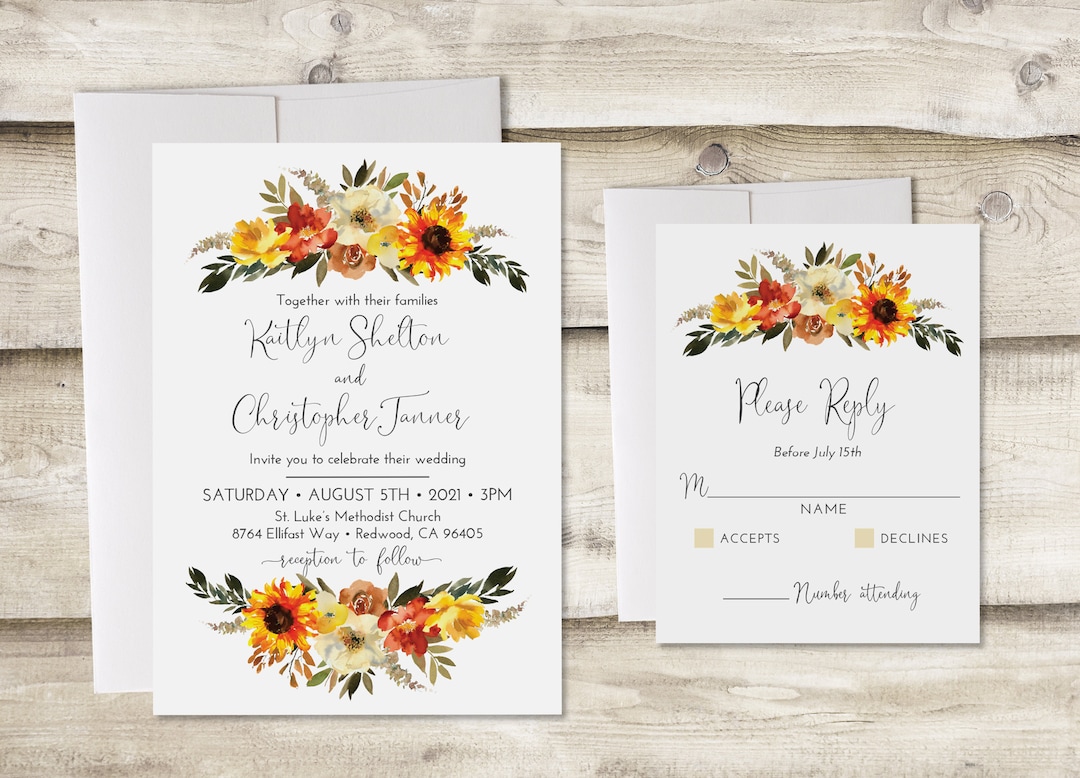 The Fall Floral Wedding Invitation Suite With RSVP Card, Autumn ...