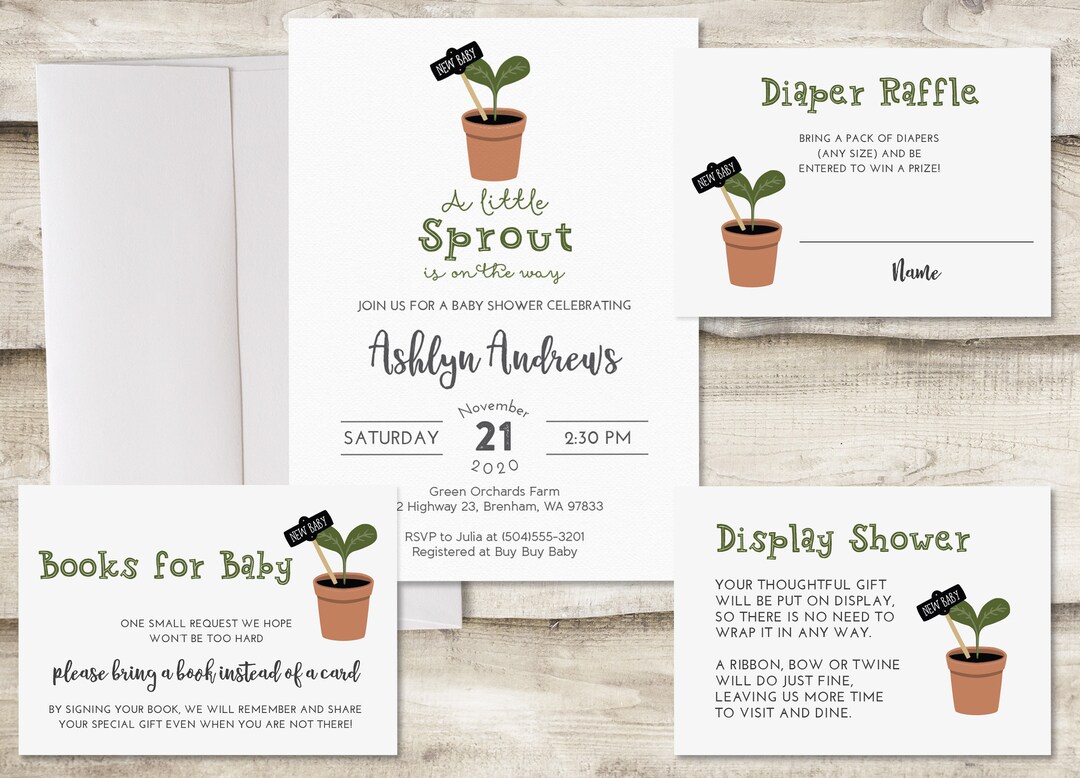 A Little Sprout is on the Way Baby Shower Invitation With Book Card ...