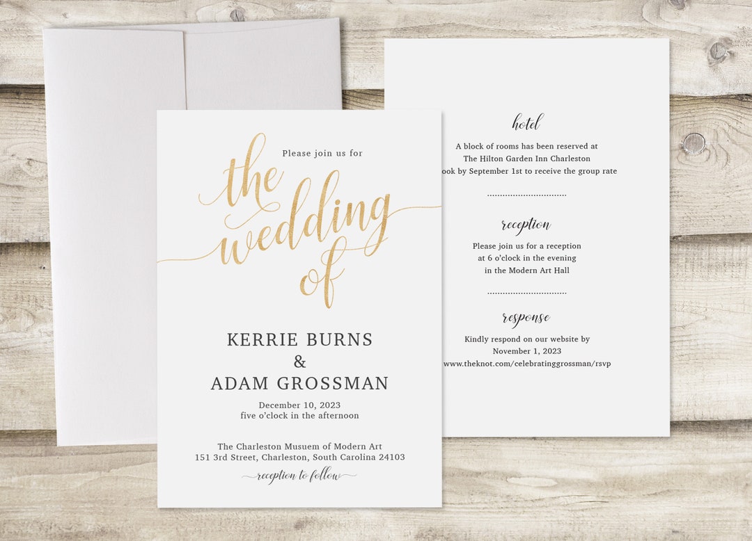 Elegant Wedding Invitation Without RSVP Card, Faux Gold Simple Minimal ...