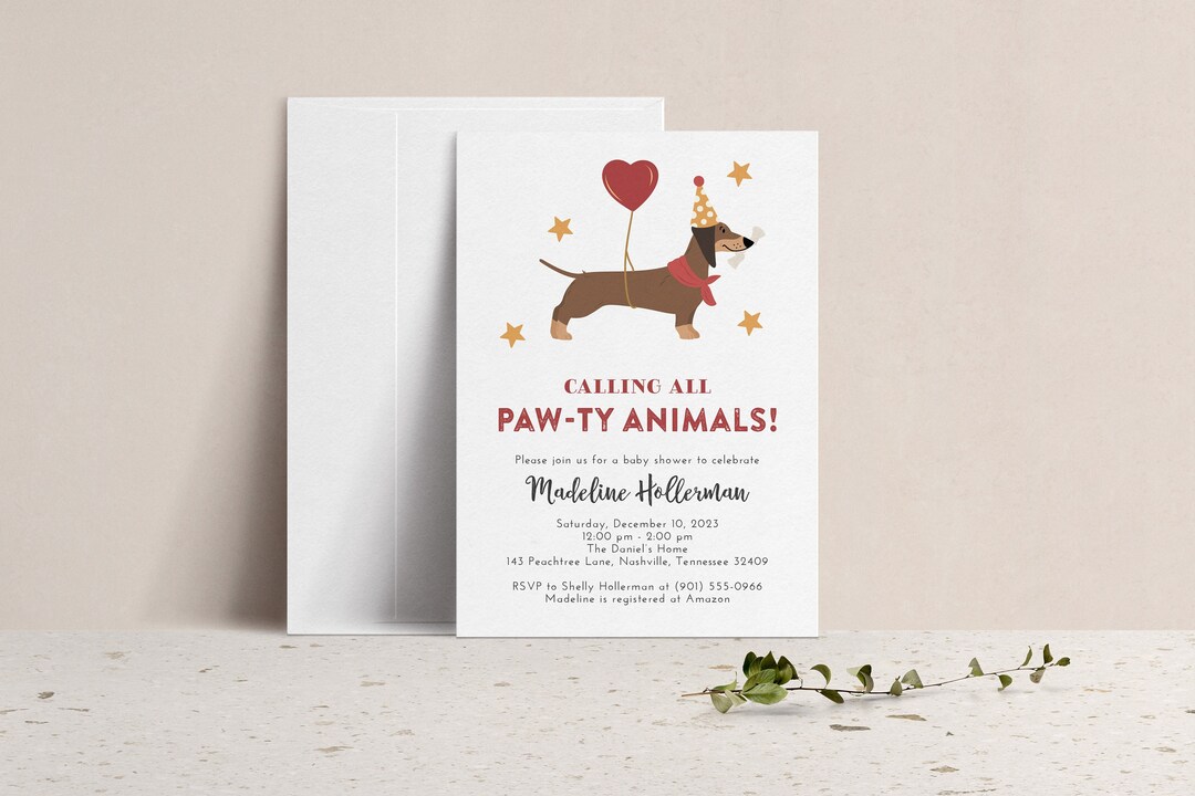 Calling All Paw-ty Animals Dog Baby Shower Invitation, Dachshund ...
