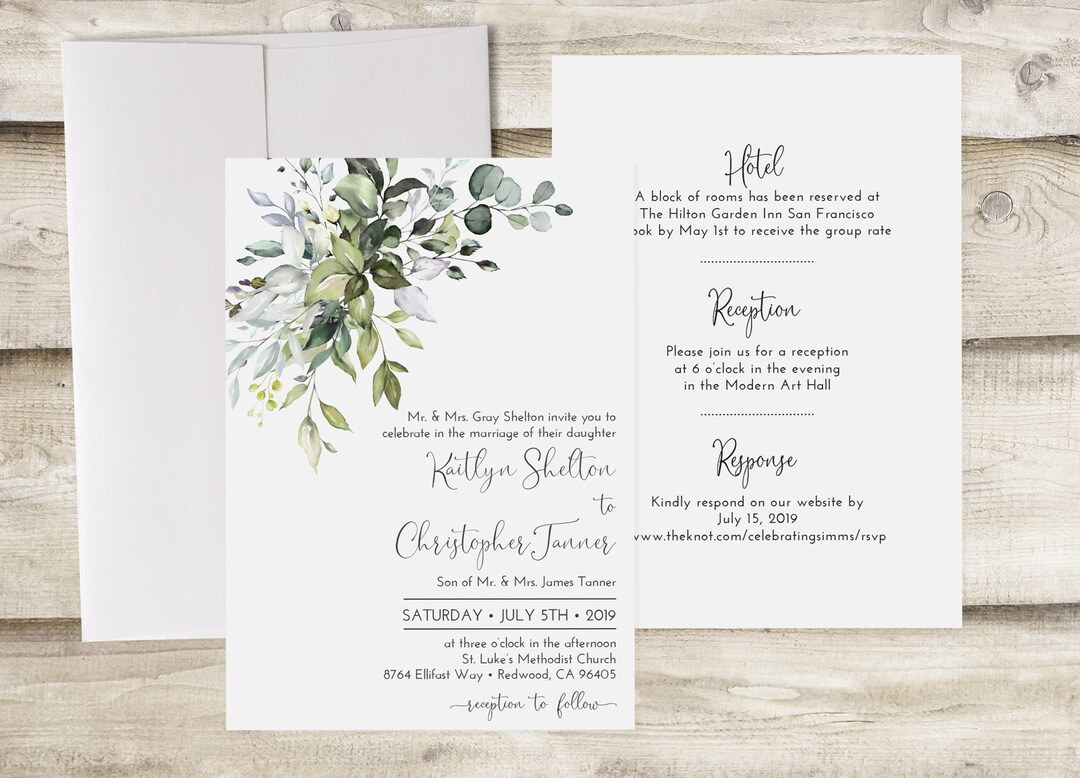 Greenery Wedding Invitation Without RSVP Card, Dusty Blue Wedding ...