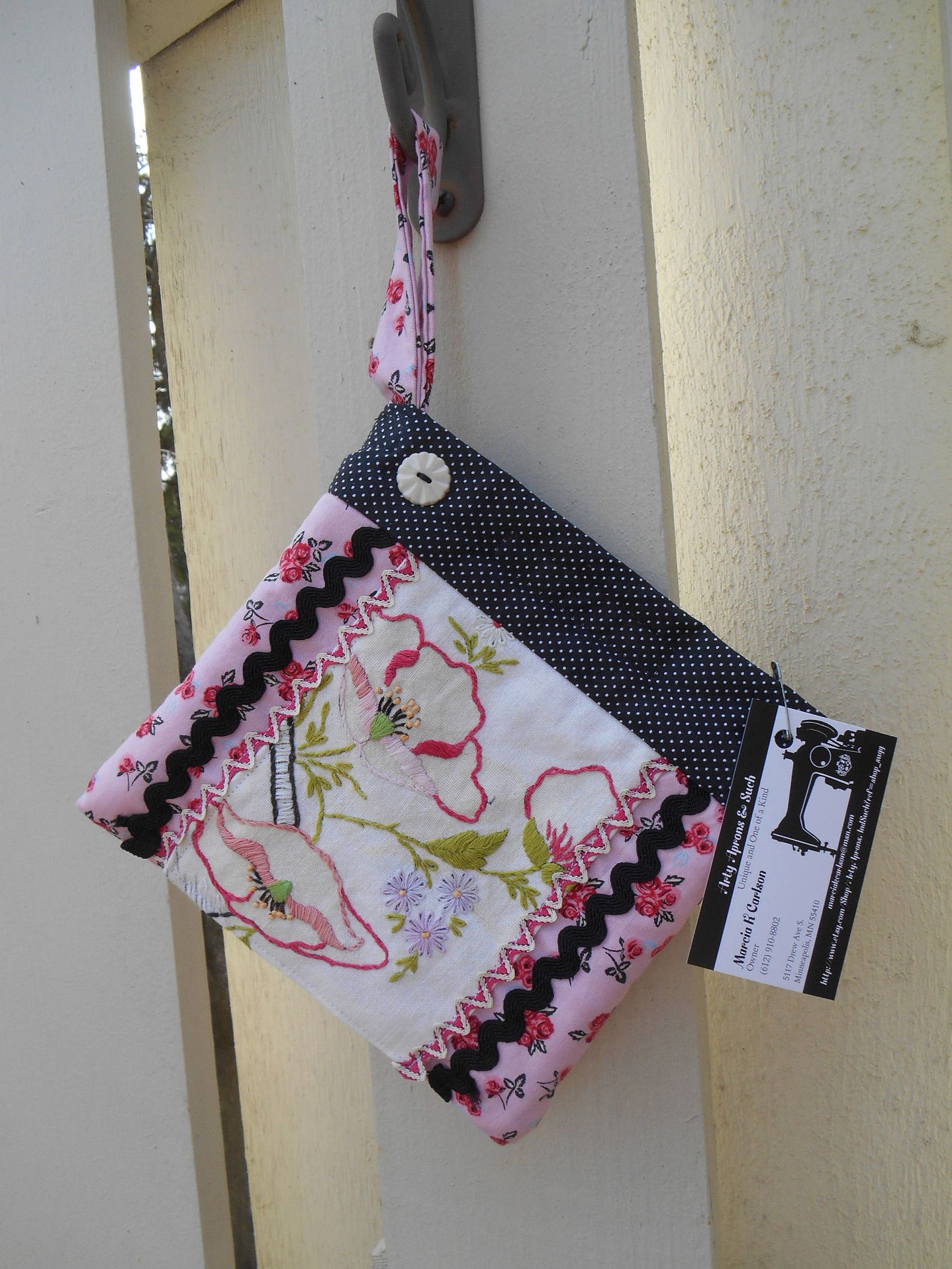 Upcycled Cosmetic Bag, Repurposed Embroidered Linen, Floral, Pink, Blue ...