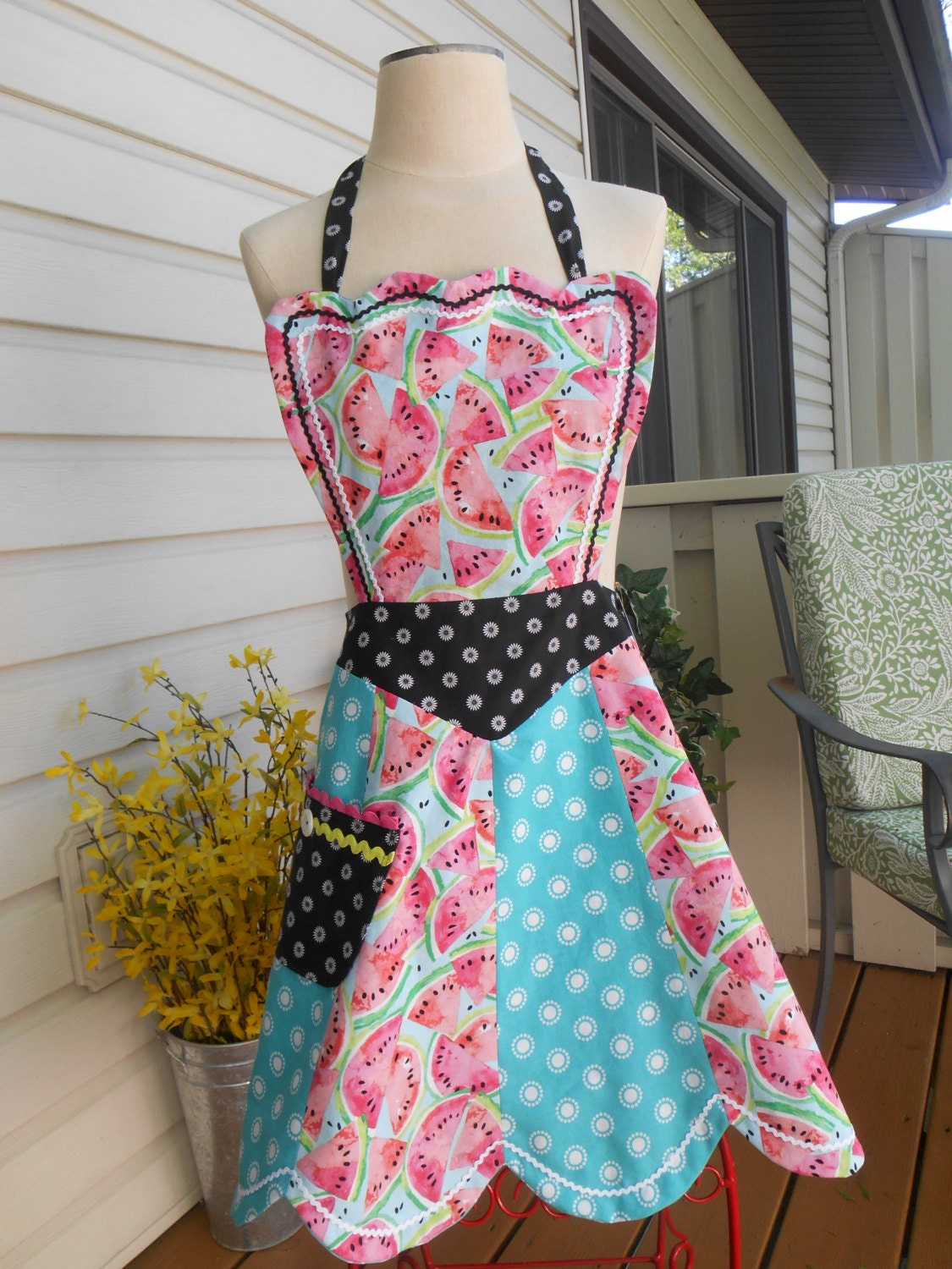 Women's Patchwork Apron, Watermelon, Pink, Teal, Black and White ...