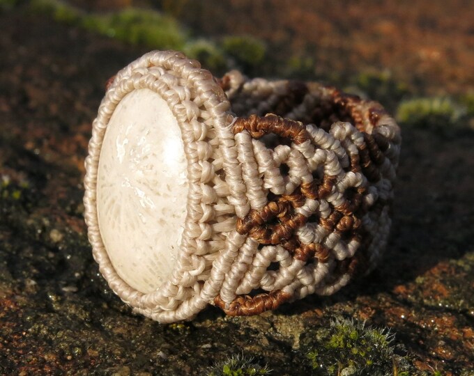 Agatized Fossil Coral in Micro-macrame Ring Mens Ring Gem - Etsy