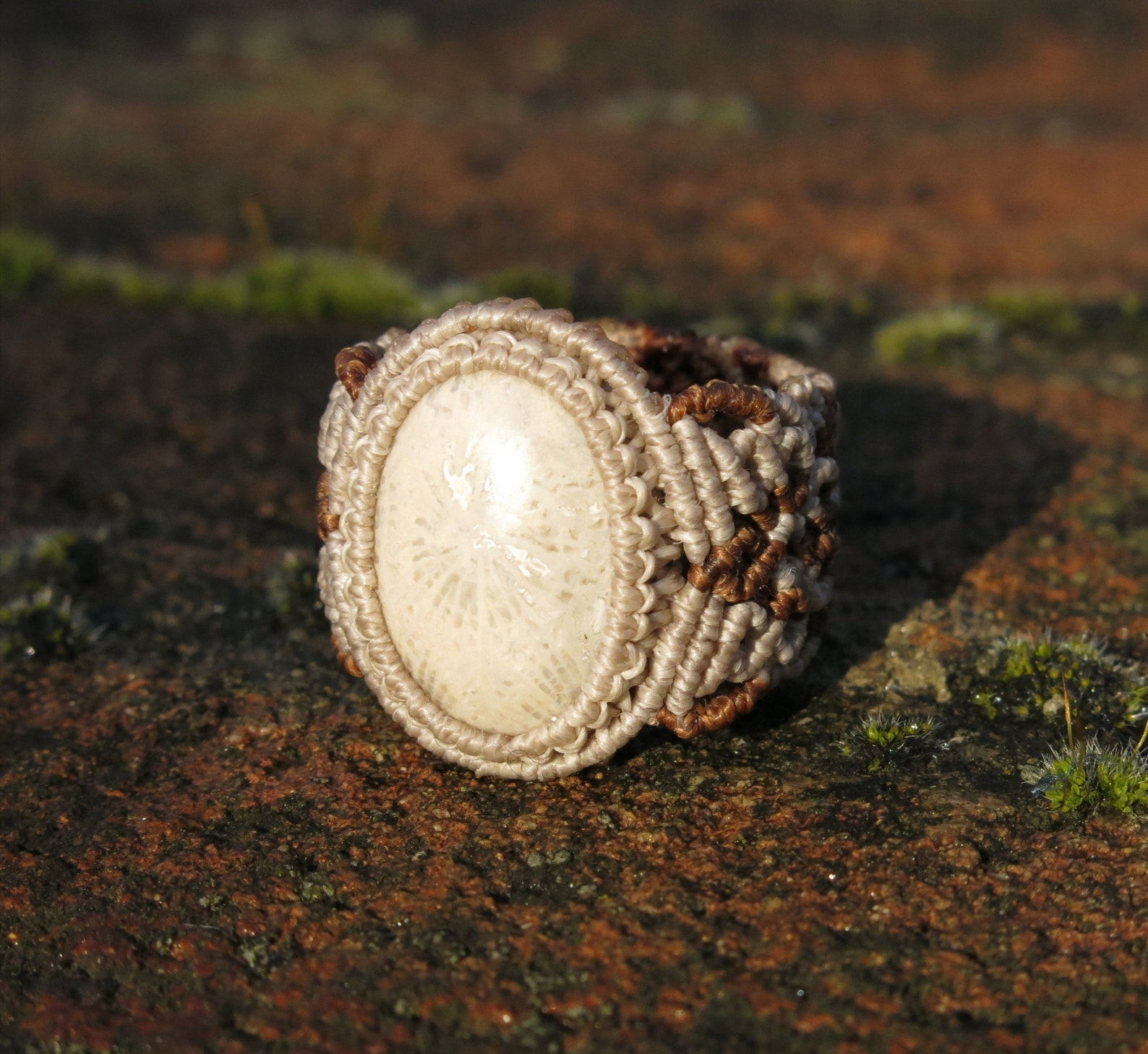 Agatized Fossil Coral in Micro-macrame Ring Mens Ring Gem | Etsy