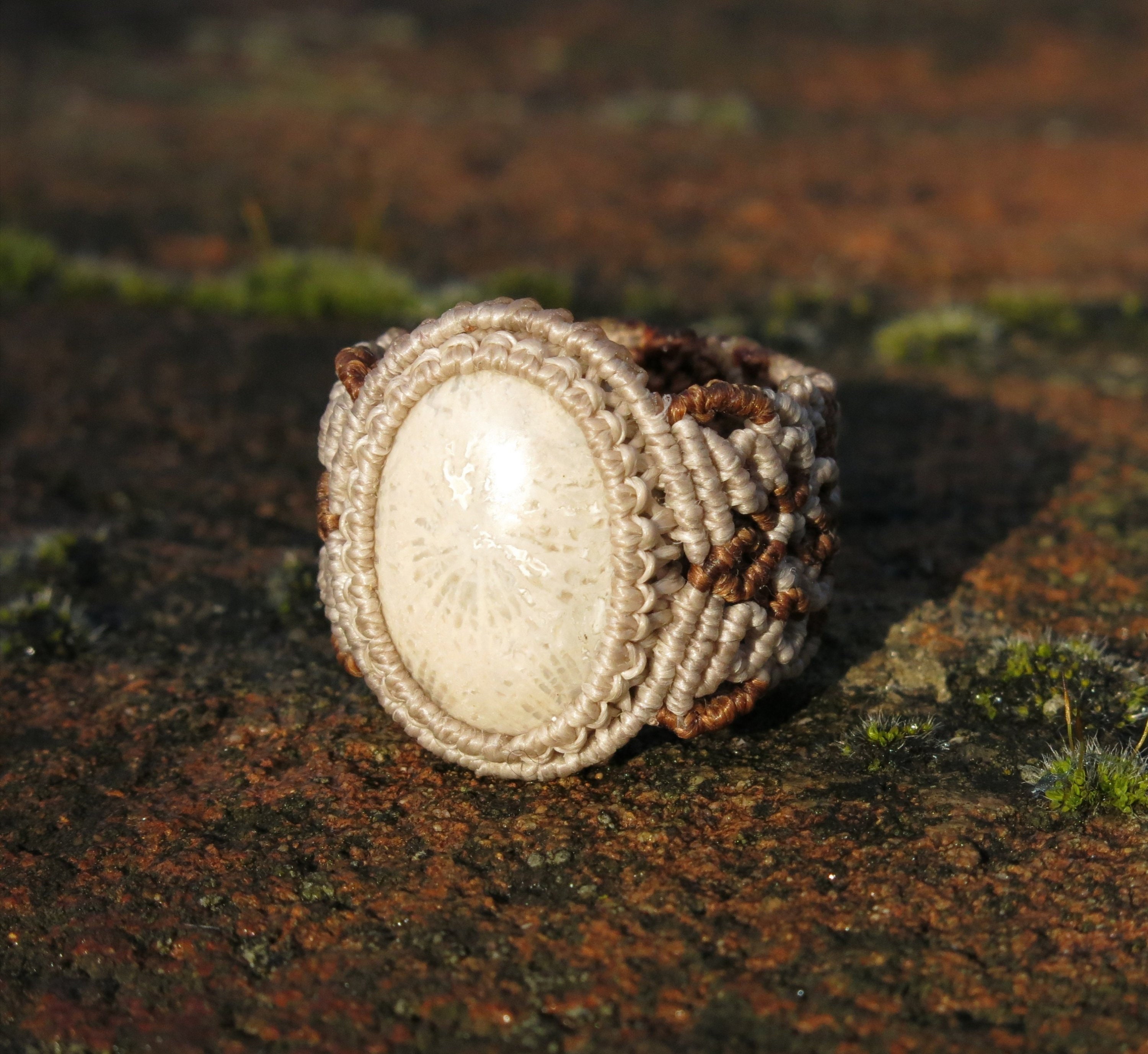Agatized Fossil Coral in Micro-macrame Ring Mens ring Gem | Etsy