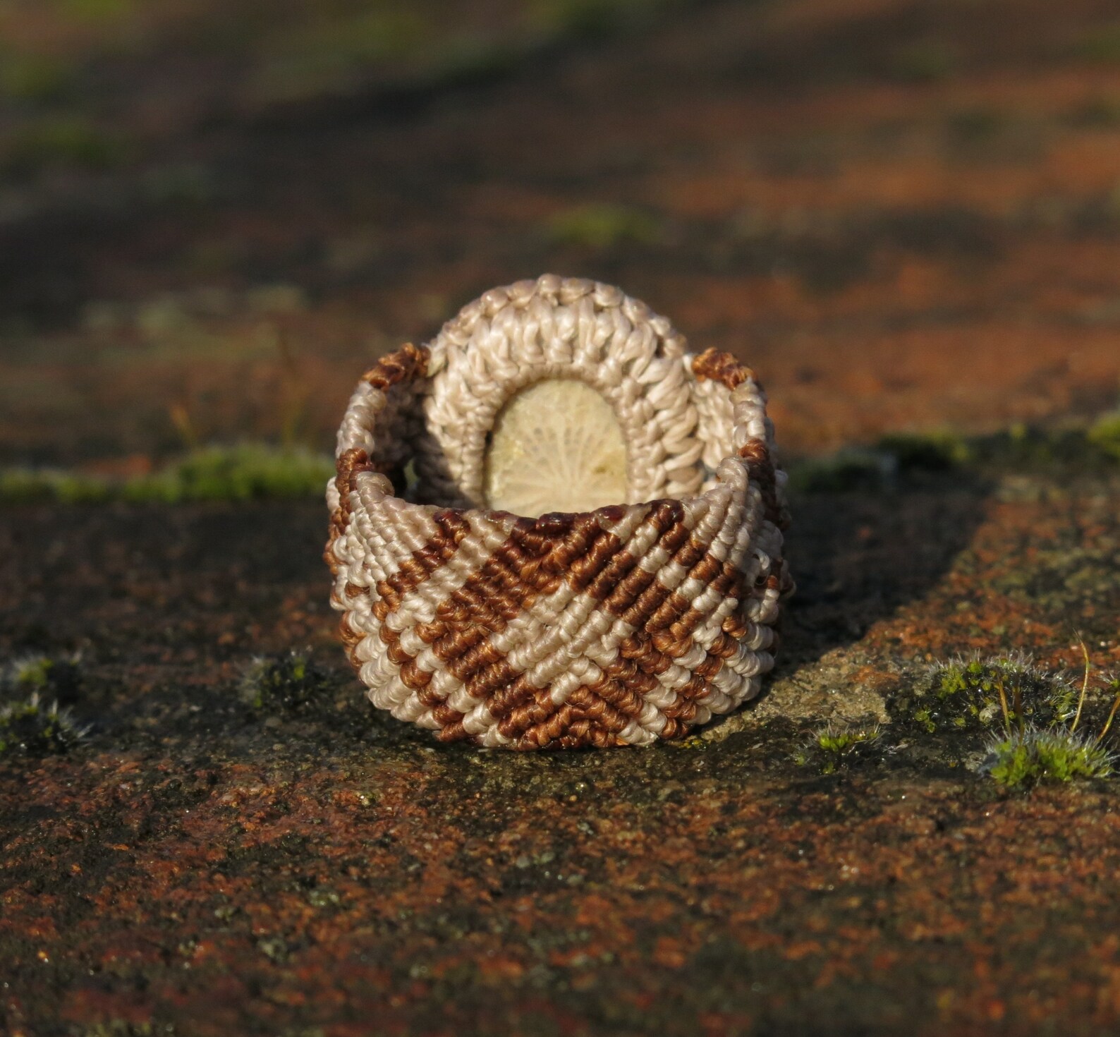 Agatized Fossil Coral in Micro-macrame Ring Mens Ring Gem | Etsy