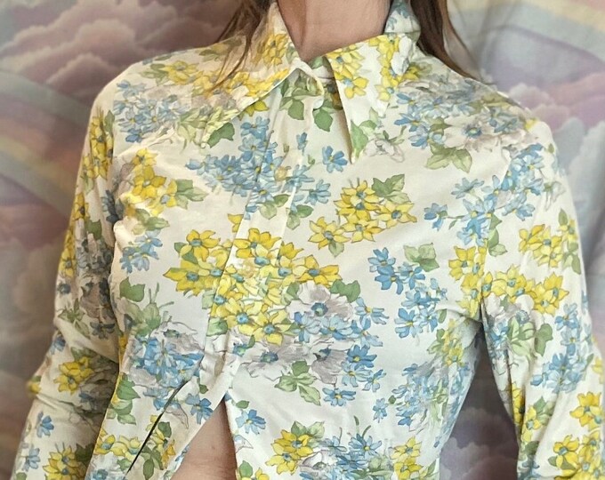 Vintage 70s Floral Polyester Top / Yellow Floral Retro Hippie Shirt - Etsy