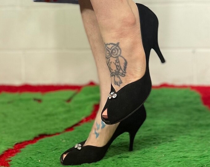 Vintage 1940s 50s Matte Black Suede Pumps/ / De Liso Debs Rhinestone ...