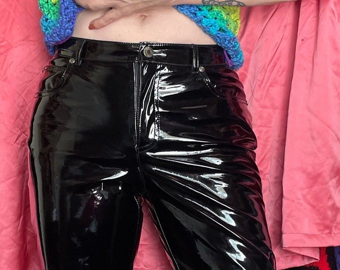 Vintage Y2K PVC Black Pleather Pants /90s Black Flare Pants / Faux ...