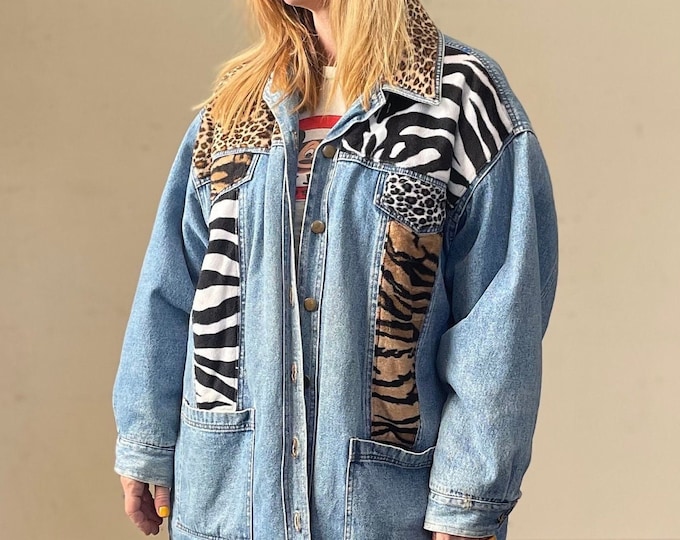 Vtg 90s ZEBRA DENIM JACKET// Cow Print Leopard Tiger Wildlife Patterned ...