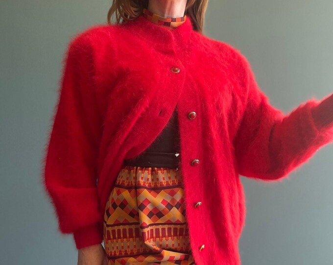 Vintage 80s Red Angora Cardigan / Belldini Fuzzy Oversized Sweater ...