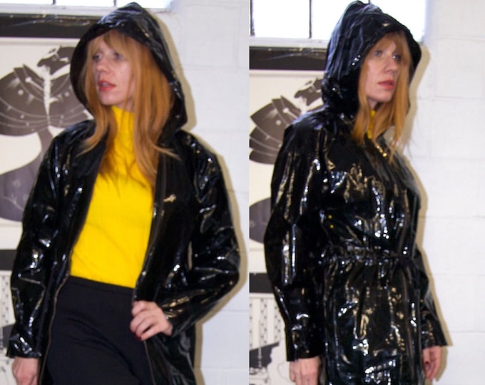 Vintage 90s Black PVC Vinyl Rain Coat // 90s Wet Look Vinyl Jacket ...