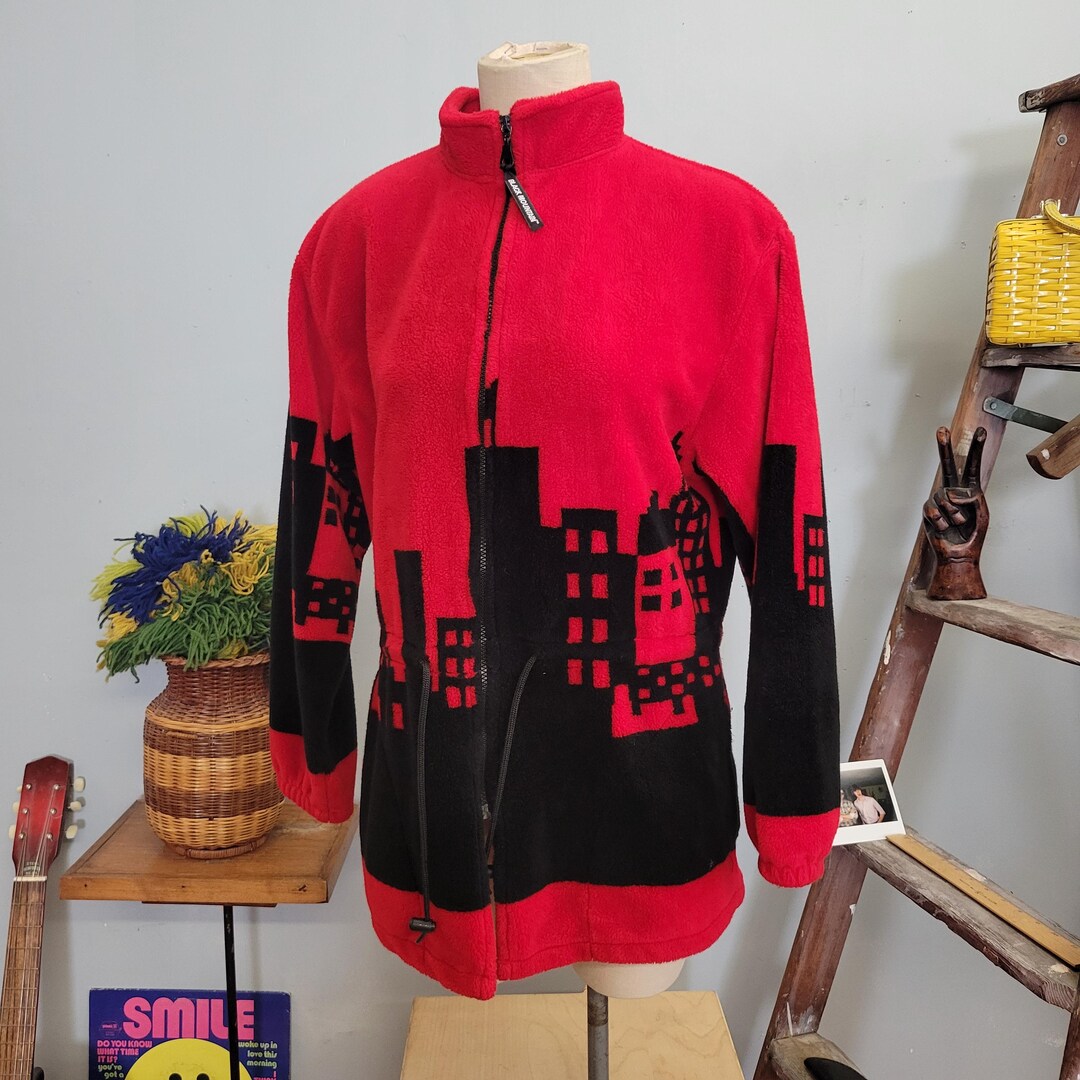 Vtg 80s RED CITY SCENE Jacket // Vintage Black Skyline Motif Outdoor ...