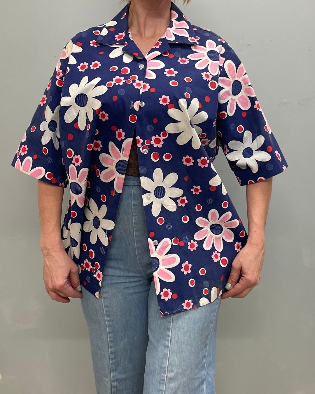 Vtg 60s FLOWER POWER Top Button up XL Daisy Floral Oxford Blouse Retro ...